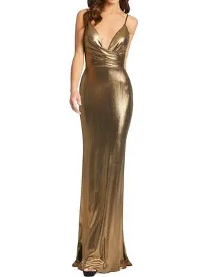 Mac Duggal Metallic Faux Wrap Gown - Bronze
