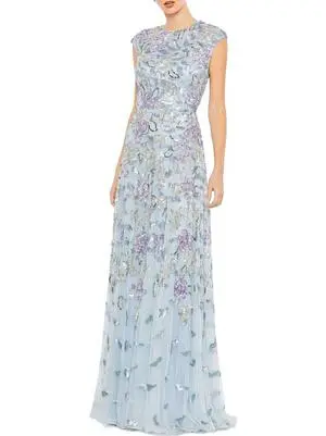 Mac Duggal Sequined High Neck A-line Gown - Ice Blue Multi