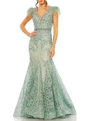 Mac Duggal Embellished Feather Gown - Sage