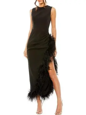 Mac Duggal Sleeveless Faux Wrap Gown With Feather Detail - Black