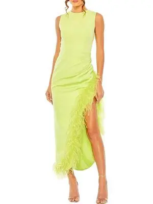 Mac Duggal Sleeveless Faux Wrap Gown With Feather Detail - Lime