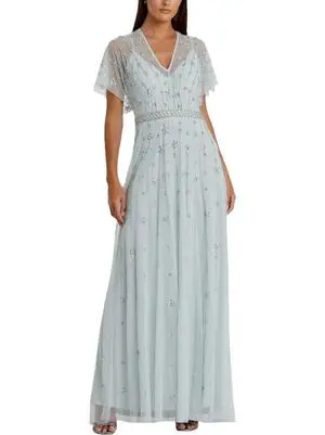 Mac Duggal V-neck Embellished A-line Gown - Mist