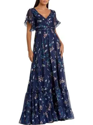 Mac Duggal Floral Flounce Sleeve Maxi Dress - Navy Multi
