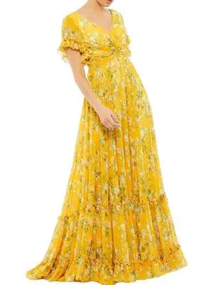 Mac Duggal Floral Flounce Sleeve Maxi Dress - Yellow Multi