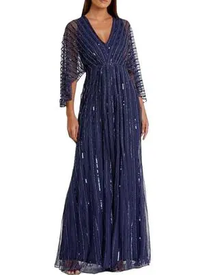 Mac Duggal Beaded Kimono Sleeve Gown - Navy