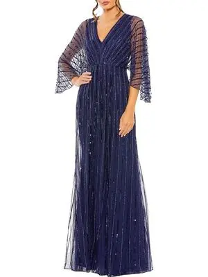 Mac Duggal Sequin Beaded Stripe Cape Sleeve V-neck Gown - Navy