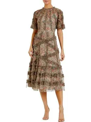 Mac Duggal Floral Flutter Sleeve Mesh Print Dress - Beige Multi