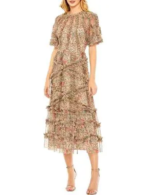 Mac Duggal Floral Flutter Sleeve Mesh Print Dress - Beige Multi