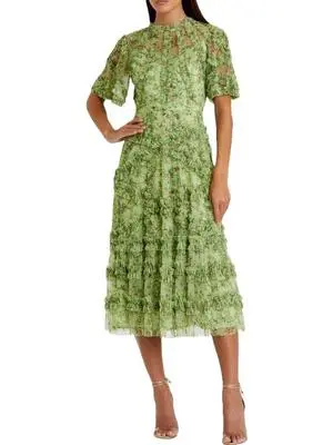 Mac Duggal Floral Flutter Sleeve Mesh Print Dress - Sage Multi