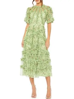 Mac Duggal Floral Flutter Sleeve Mesh Print Dress - Sage Multi