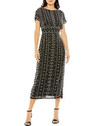 Mac Duggal Beaded Cap Sleeve Column Midi Dress Black