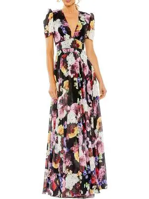 Mac Duggal Floral Print Mesh Gown - Black Multi