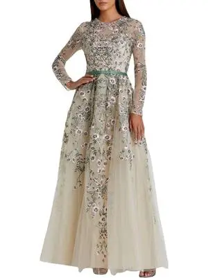 Mac Duggal Long Sleeve Embellished Gown - Sage Multi