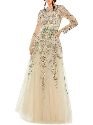 Mac Duggal Long Sleeve Embellished Gown - Sage Multi