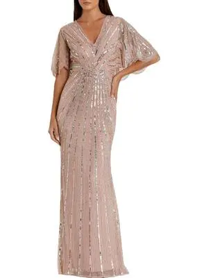 Mac Duggal Sequined V-neck Cape Sleeve Gown - Vintage Rose