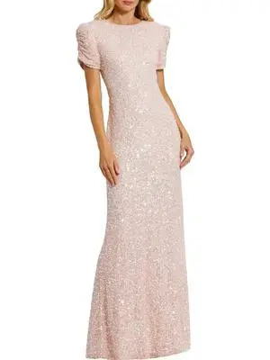 Mac Duggal Embellished Mesh High Neck Puff Sleeve Gown - Blush