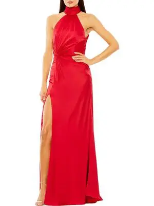 Mac Duggal Open Back High Neck Gown - Red