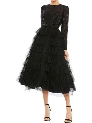 MAC DUGGAL Mac Duggal Sequined Layered Tulle A-Line Dress