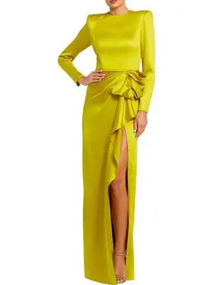 Mac Duggal Long Sleeve Bow Draped Column Gown - Chartreuse