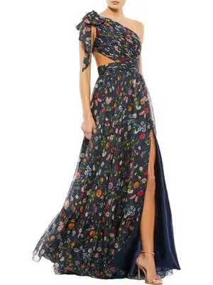 Mac Duggal One-shoulder Floral Chiffon Gown - Navy Multi