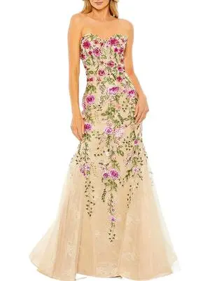 Mac Duggal Strapless Embroidered Mermaid Gown - Pink Multi