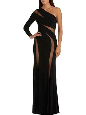 Mac Duggal Jersey One-shoulder Illusion Gown - Black