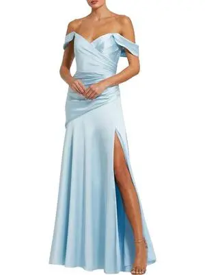 Mac Duggal Off-shoulder Satin Gown - French Blue