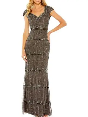 Mac Duggal Cap Sleeve Embellished Column Gown - Charcoal