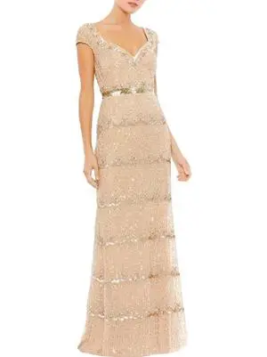 Mac Duggal Mac Duggal Cap Sleeve Embellished Column Gown Nude