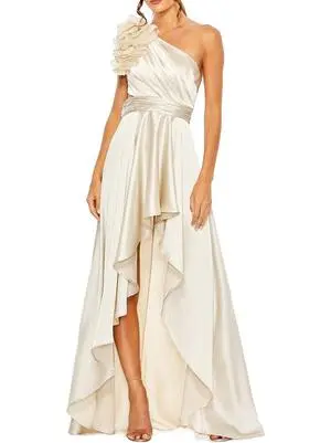 Mac Duggal Ruffled One Shoulder Hi-lo Gown - Oyster