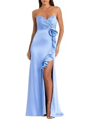 Mac Duggal Strapless 3d Flower Satin Gown - Ice Blue