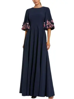 Mac Duggal Crepe A-line Gown With 3d Floral Detail - Midnight