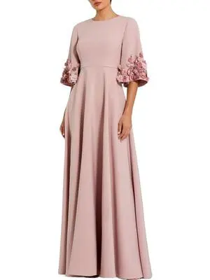 Mac Duggal Stretch Satin Gown With Floral Sleeves - Rose