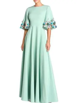 Mac Duggal Crepe A-line Gown With 3d Floral Detail - Sage