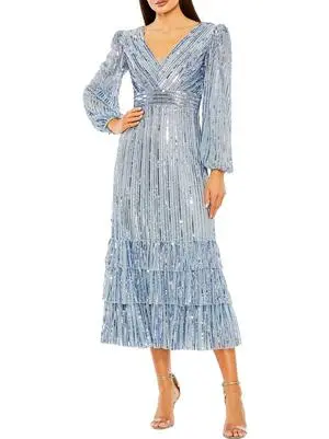 Mac Duggal Long Sleeve Tiered Ruffle Sequin Dress - Slate Blue