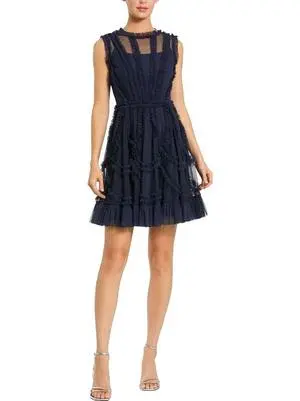 Mac Duggal Sleeveless Ruffle High Neck Mini Dress Indigo