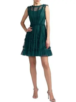 Mac Duggal Mesh Micro Ruffle Mini Dress - Teal