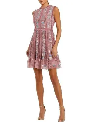 Mac Duggal Sleeveless High Neck Embroidered Mini Dress - Berry