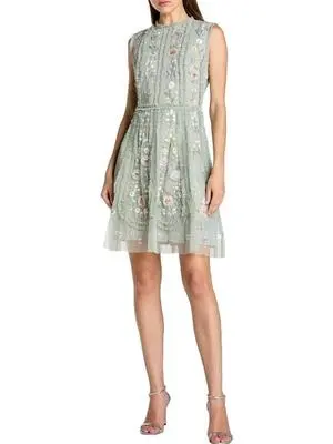 Mac Duggal Sequin Floral Tulle Mini Dress - Sage Multi