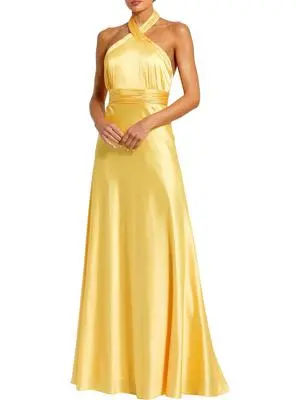 Mac Duggal Ruched Halter Neck Satin Gown - Lemon