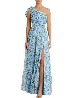 Mac Duggal Floral Chiffon One-shoulder A-line Gown - Aqua Multi