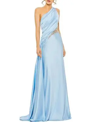 Mac Duggal One-shoulder Gown With Beaded Cutout - Powder Blue