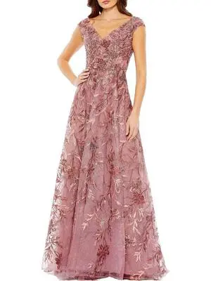 Mac Duggal Embroidered Illusion Cap Sleeve A-line Gown - Cinnamon