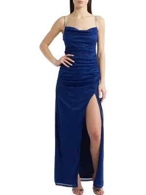 JUMP APPAREL Metallic Rhinestone Strap Gown - Navy