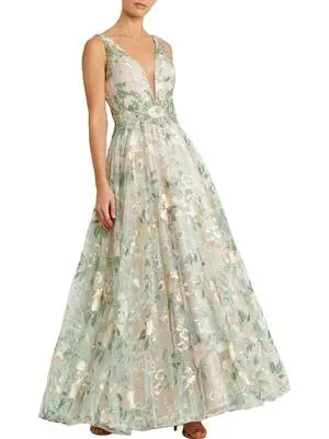 Mac Duggal Floral Embroidered Illusion V-neck Gown - Cream Multi