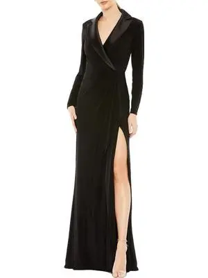 Mac Duggal Long Sleeve Faux Tuxedo Gown - Black