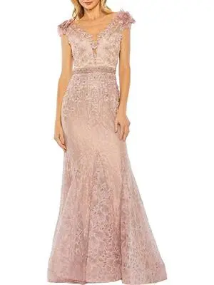 Mac Duggal Embroidered Trumpet Gown - Mocha