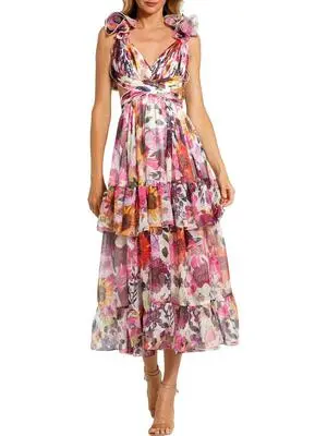 Mac Duggal Ruffle Tiered Floral Chiffon Dress With Cut-out Detail - White Multi