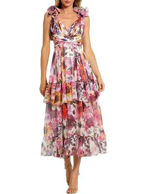 Mac Duggal Ruffle Tiered Cut-out Floral Chiffon Dress - White Multi
