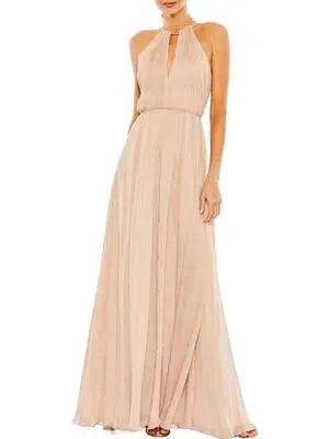 Mac Duggal Chain Trim Keyhole Halter Neck A-line Gown - Beige